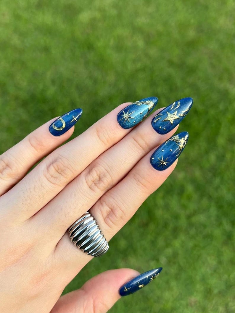 Golden Starry Sky Nails/constellation Nails/divination Gel Nails/blue ...