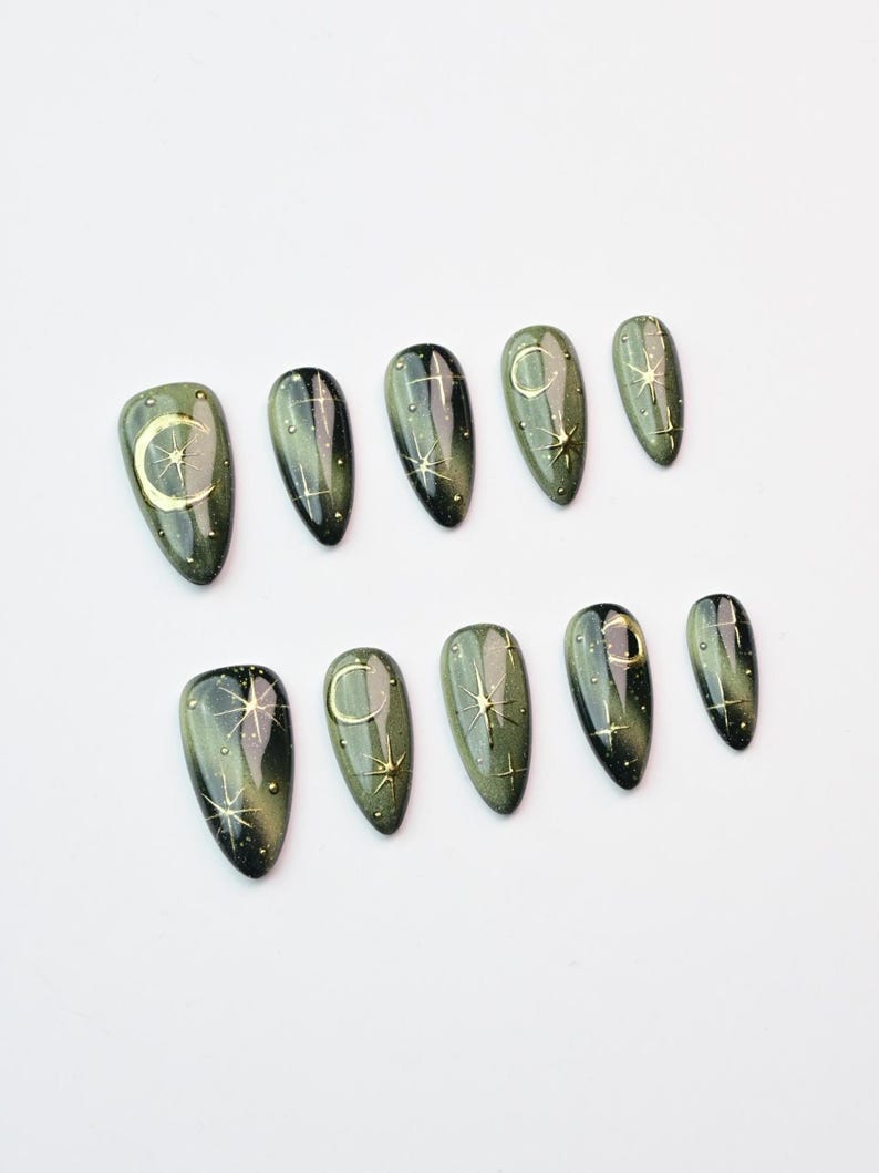 Witchy Celestial Acrylic Nails, Gold Moon Star Fake Nails, Handmade ...