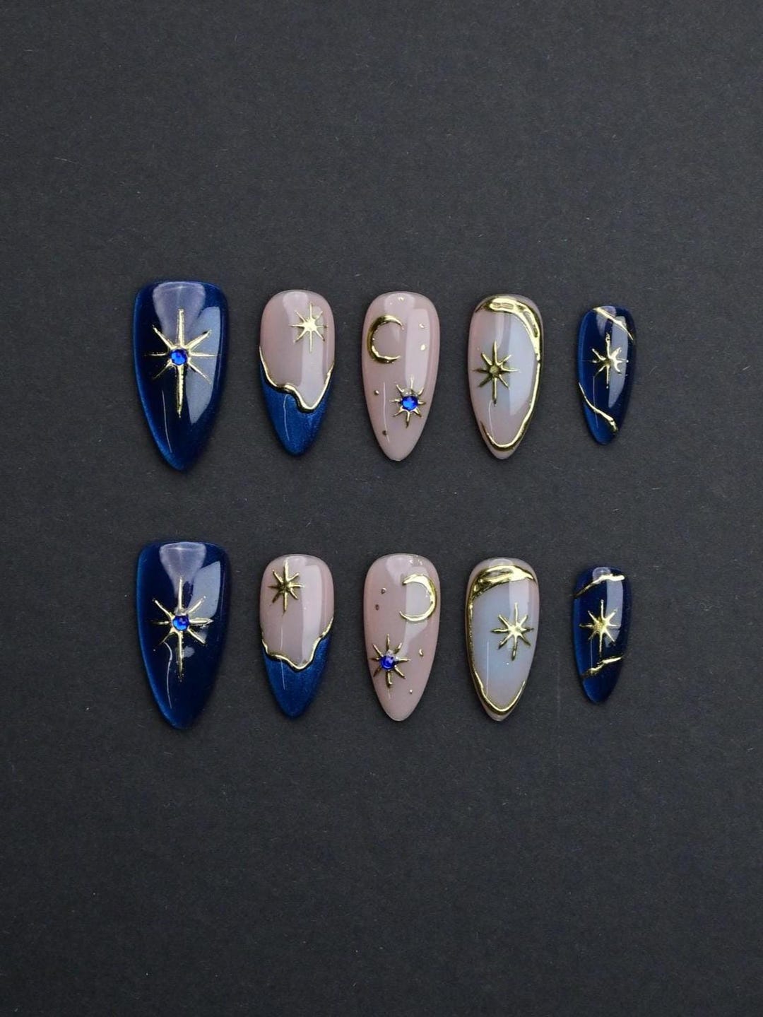 Celestial Acrylic Nails, Navy Blue Moon and Star Nails, Astrology Nail ...