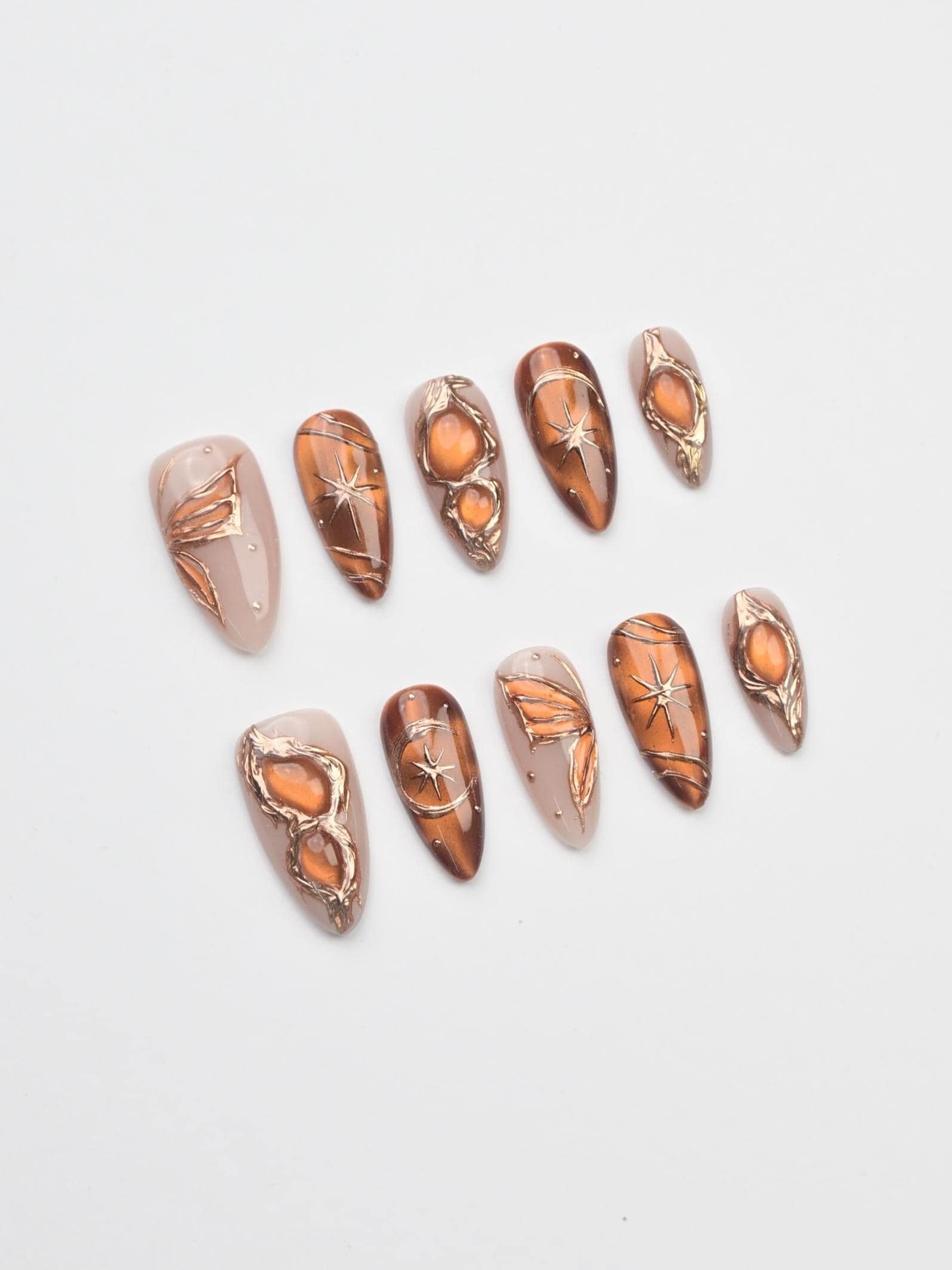 Amber Acrylic Nails | Brown Butterfly Gel Nails | Gold Metallic Nails ...