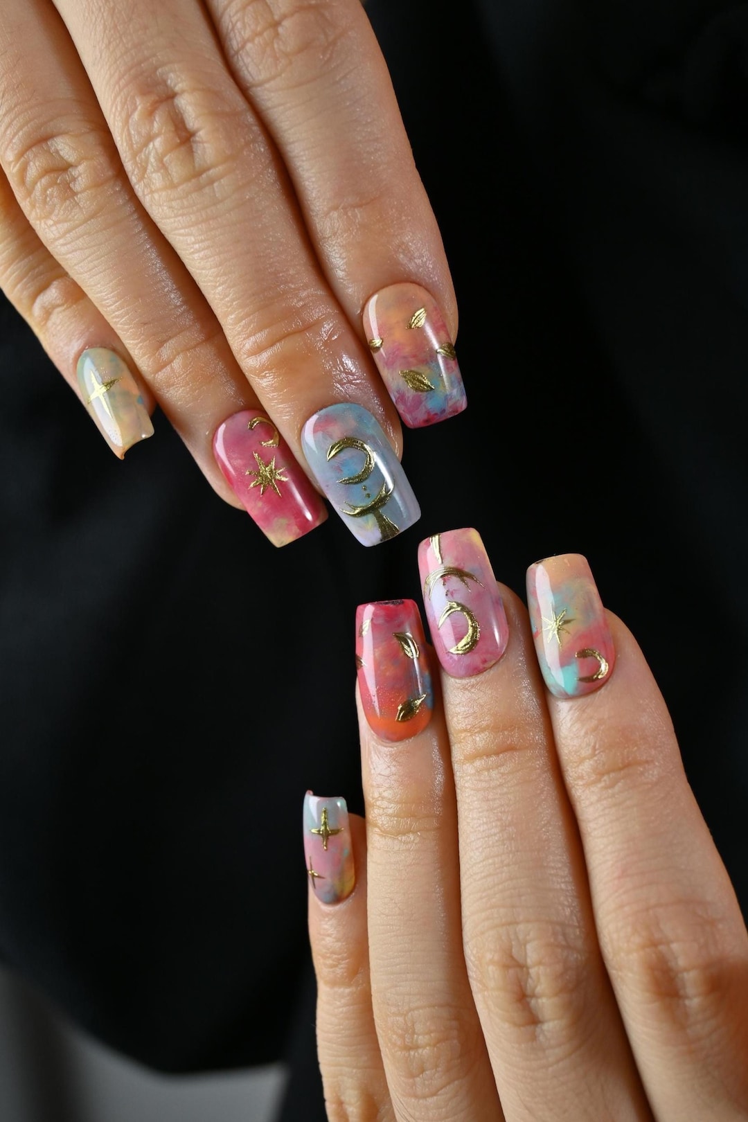 Monet Nails/graffiti Gel Nails/gold Leaf Nails/star Moon Nail/colorful ...