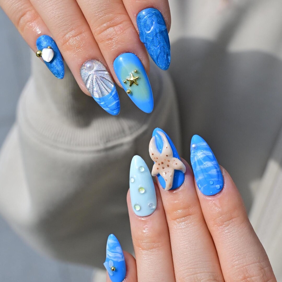Starfish Nails/sky Blue Nail/ocean Waves Gel Nail/golden Star Nail/3d ...