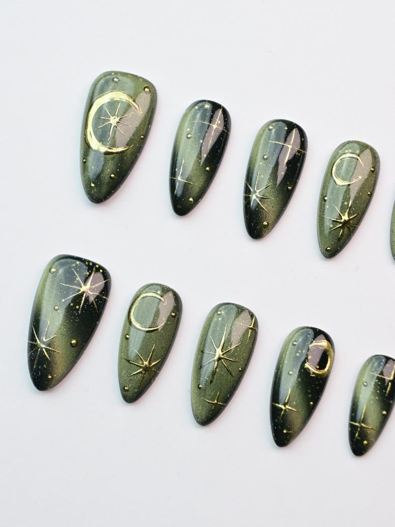 Witchy Celestial Acrylic Nails, Gold Moon Star Fake Nails, Handmade ...