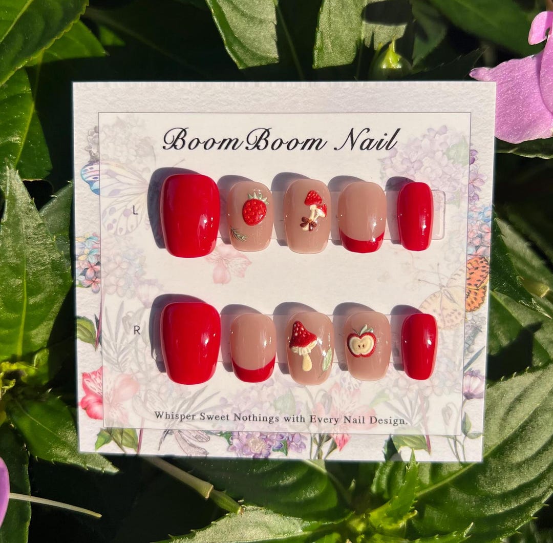 Fairy Tale Nails/cute Cartoon Press Ons/strawberries Gel Nails/red ...