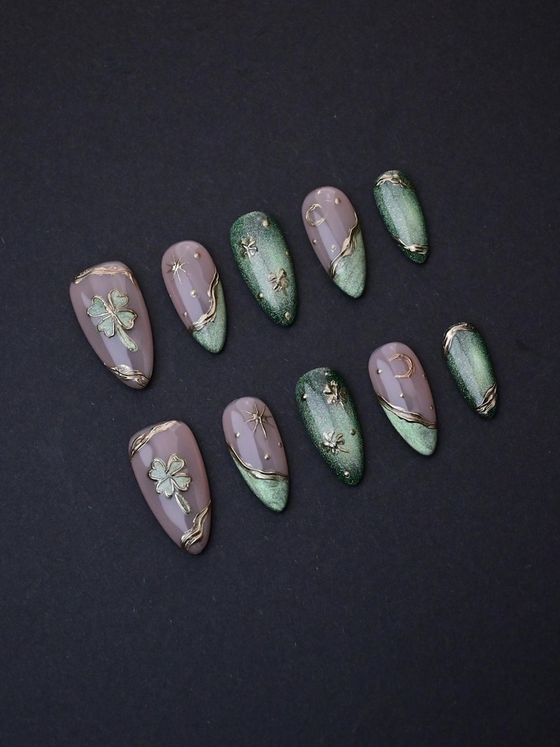Lucky Four-leaf Clover Nails/nature Fake Nails/green Cat Eye Nail ...