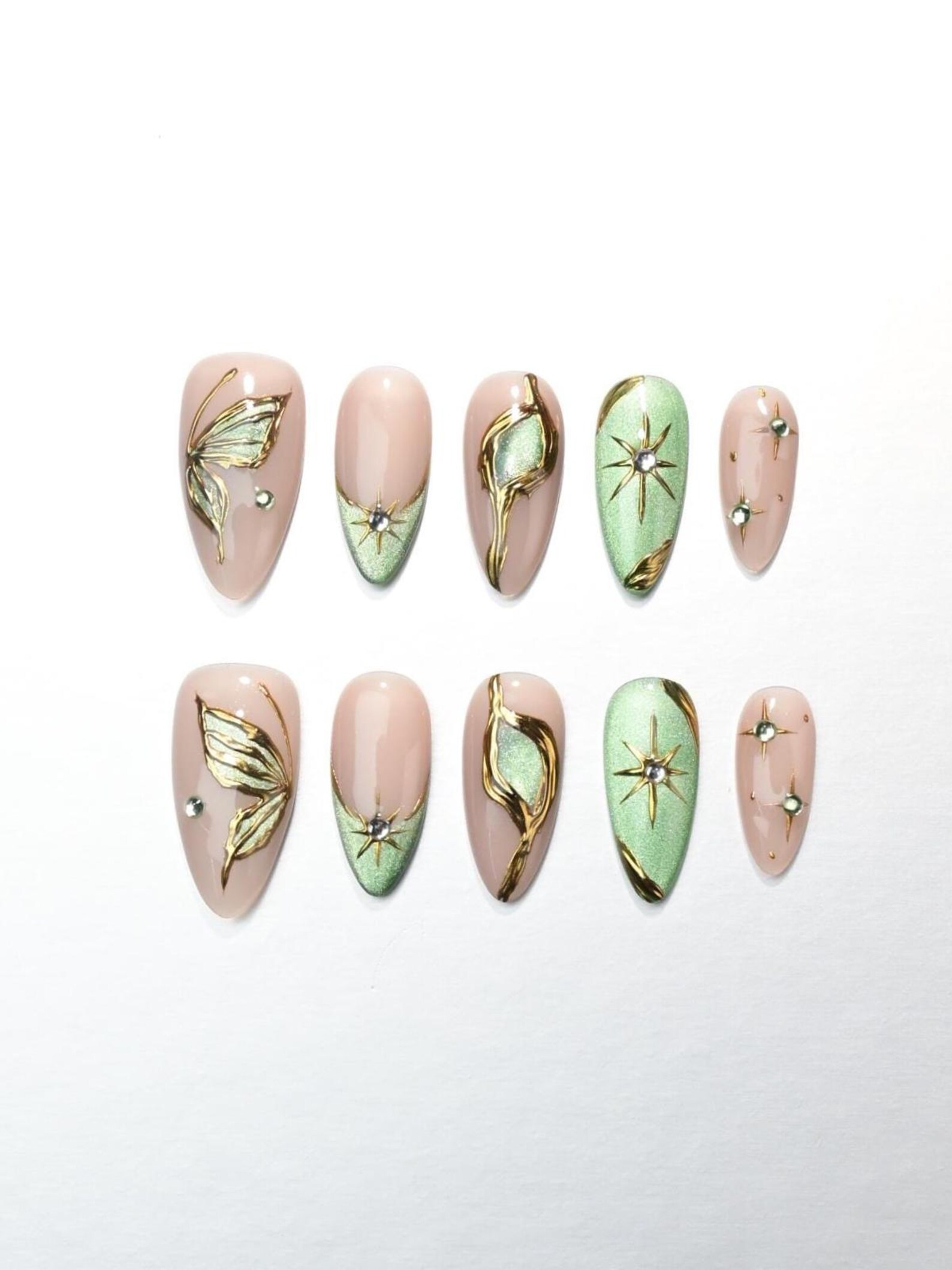 Elf Butterfly Nails/fairy Press on Nails/gold Star Gel Nails/green Cat ...