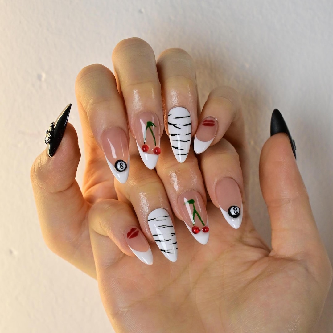 Magic 8 Ball Nails/cherry Kiss Nails/silver Cross Gel Nails/white ...
