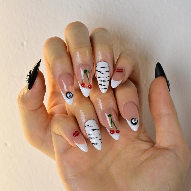 Magic 8 Ball Nails/cherry Kiss Nails/silver Cross Gel Nails/white ...