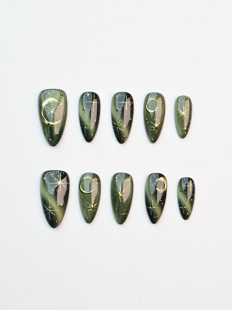 Witchy Celestial Acrylic Nails, Gold Moon Star Fake Nails, Handmade ...
