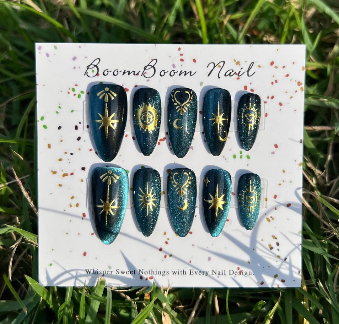 Deep Blue Cat Eye Nails/gold Star, Moon, Sun & Heart Press on Nails ...