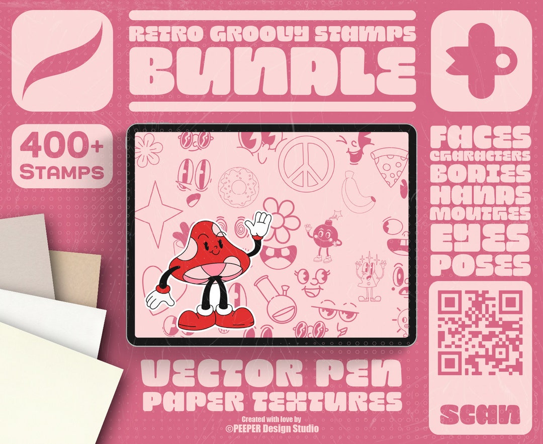 400+ Retro Faces & Characters Groovy Stamp Brush Set | Procreate Stamps ...