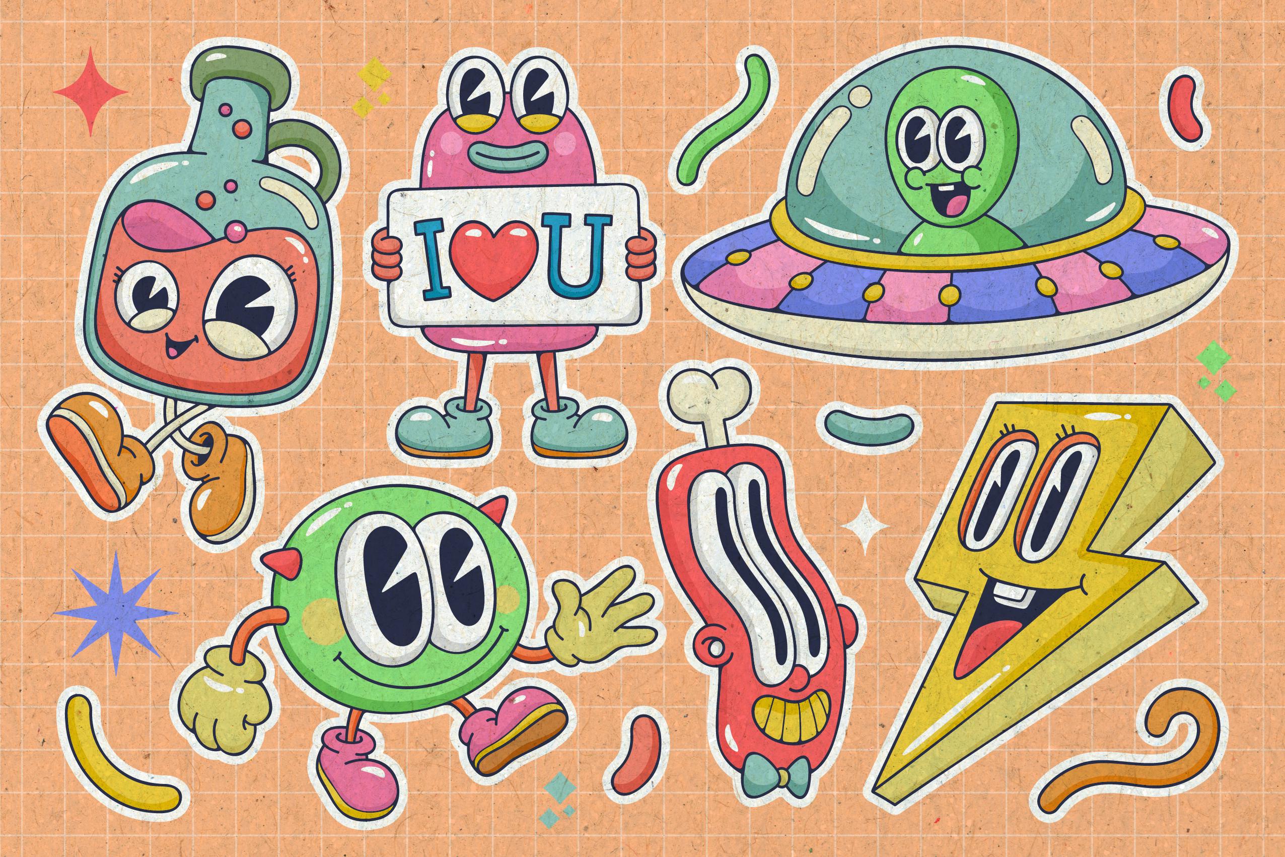 240+ Cartoon Characters Groovy Stamp Brush Set | Procreate Stamps ...