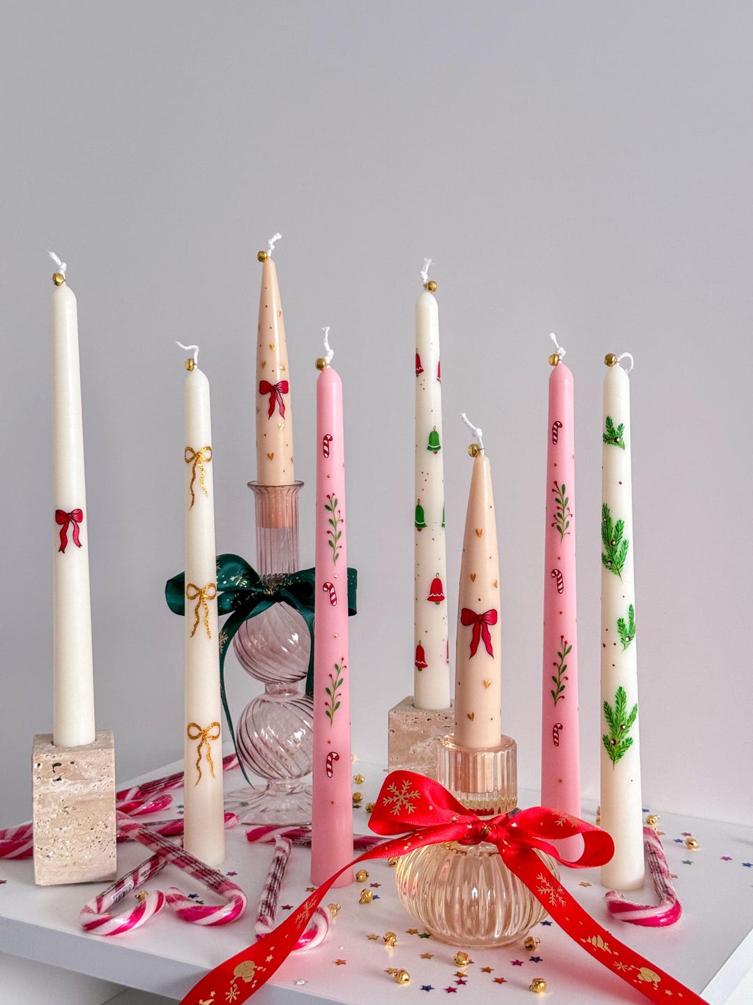 Natural, Long Candles With Painting. Christmas Candles. New Year ...