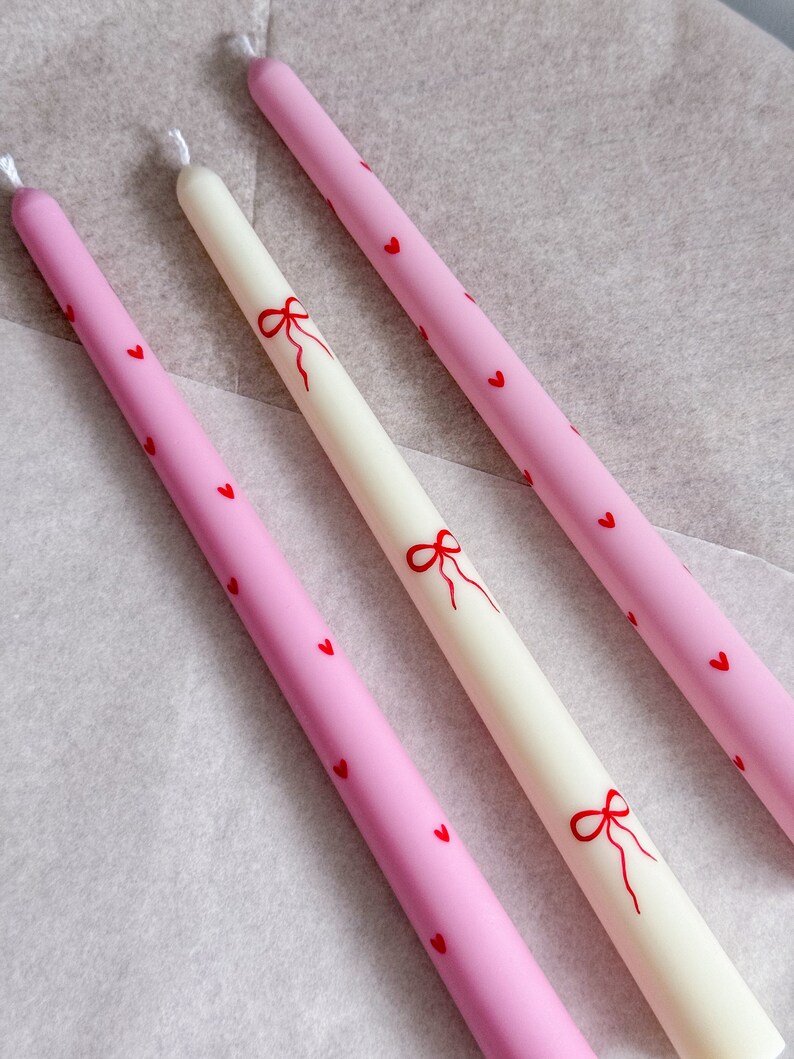 Natural, Long Candles With Painting. Candles With Bows and Hearts. Soy ...