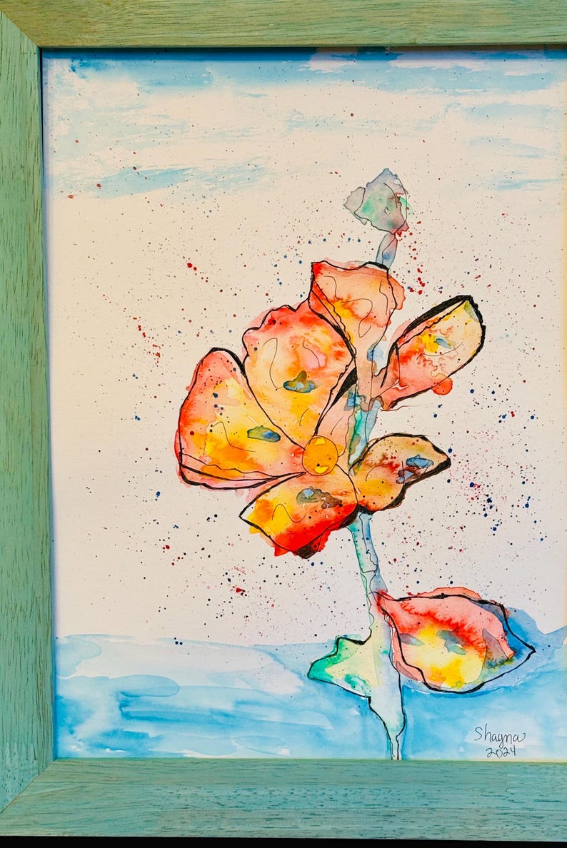 A Watercolor Floral of Ink and Wash Painted in a Stylized Fashion Called Playful and Fanciful - Etsy