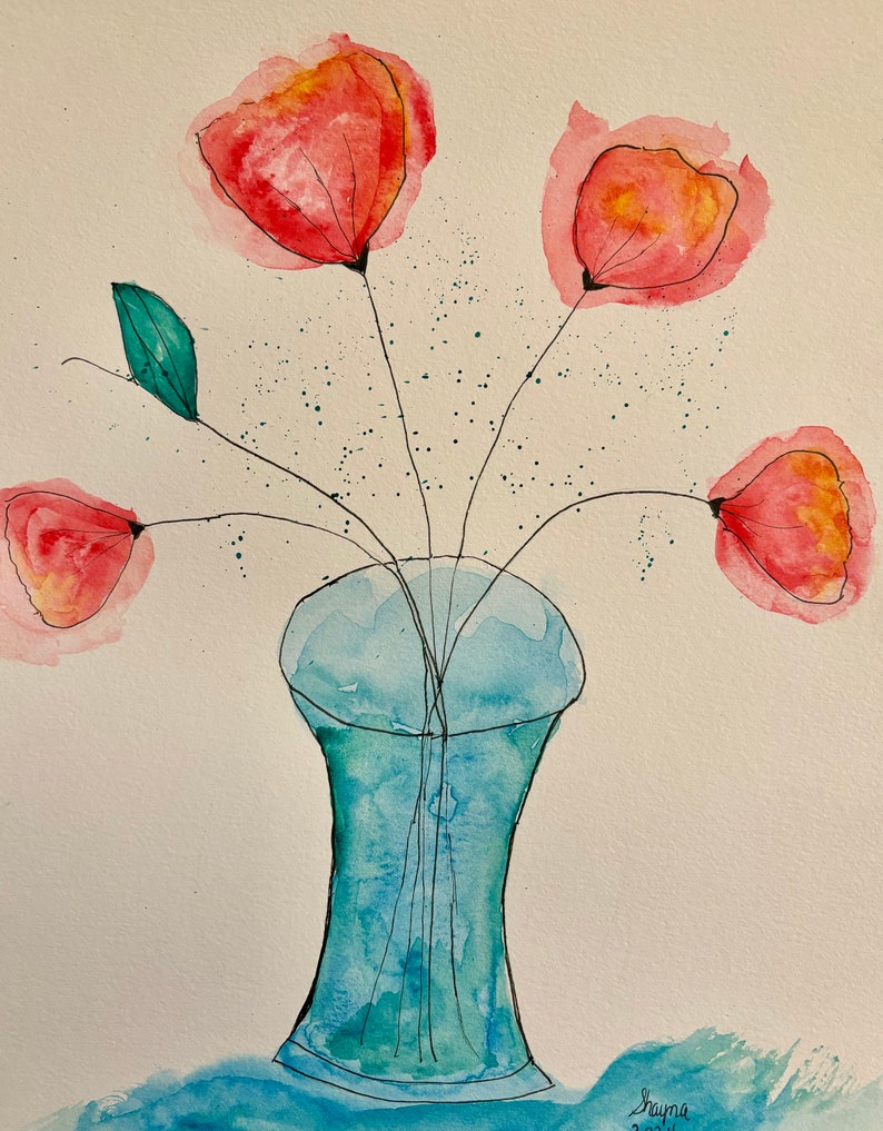 Minimalist Floral Watercolor Painting: Aqua Blue Vase of Tulips - Etsy