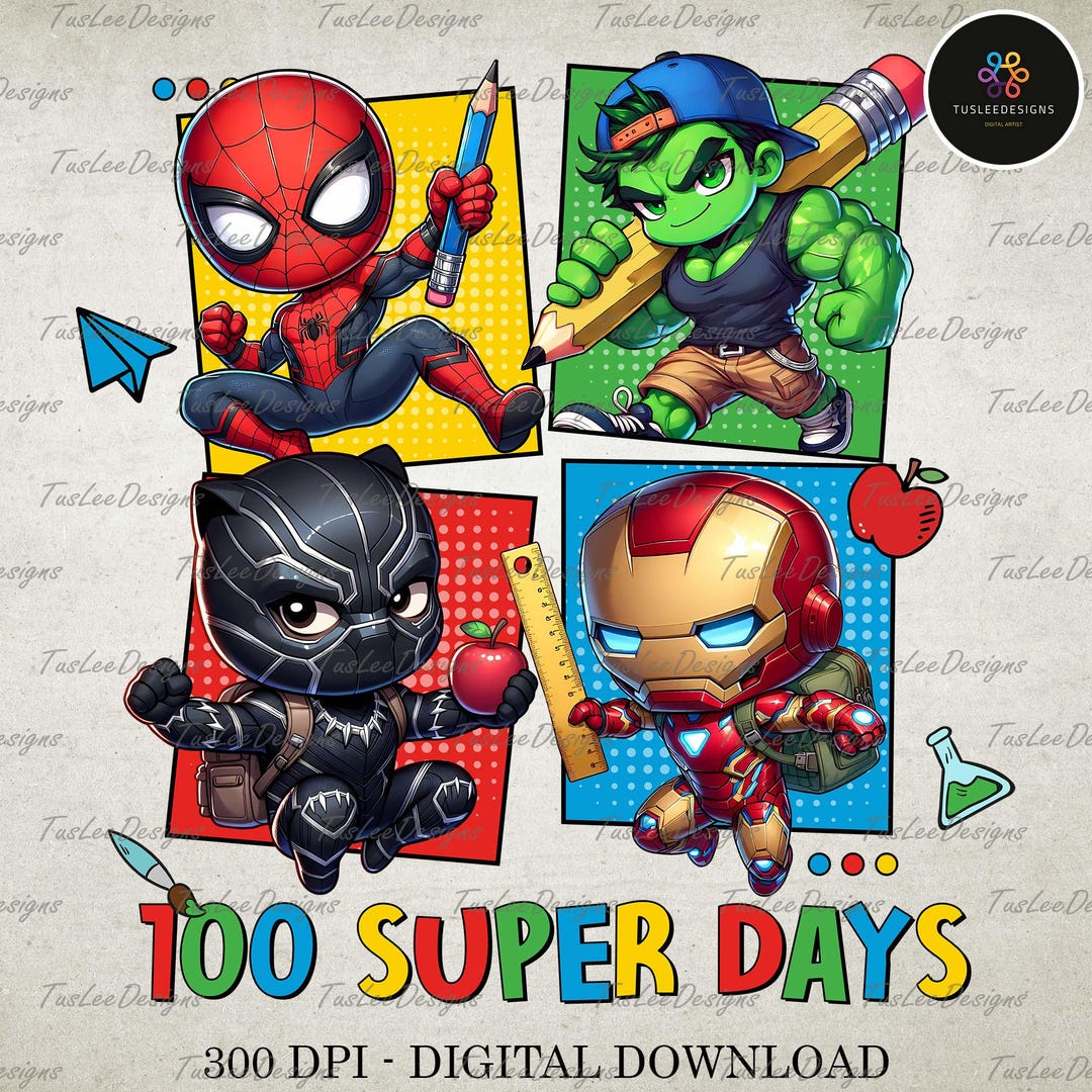 Superhero 100 Days of School PNG, School 100th Day Cartoon Shirt Png ...