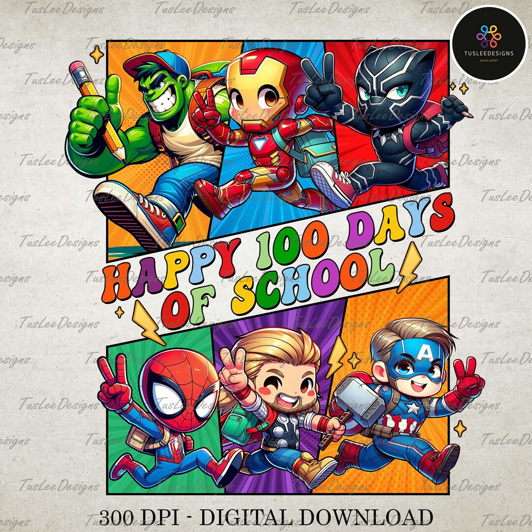 Superhero 100 Days of School Bundle, School 100th Day Cartoon Shirt Png ...