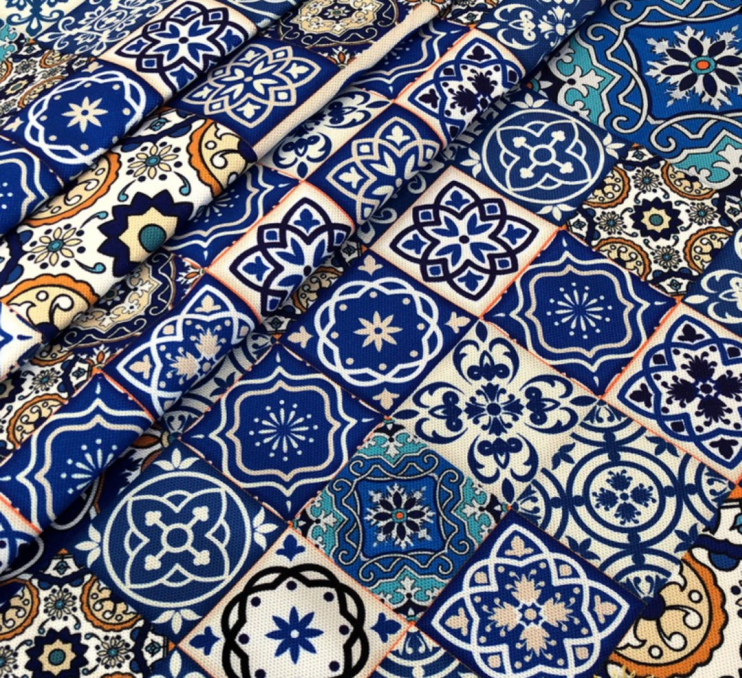 BLUE TILES - Small ROUND Handmade Tablecloth Heavyweight Fabric Stain ...