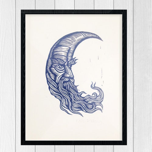 Crescent Moon Print Man in the Moon Linocut Art Print Moon - Etsy