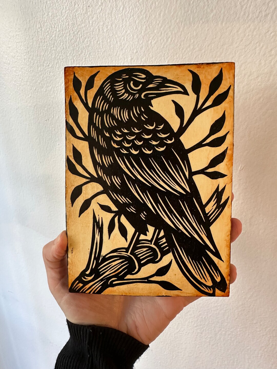 Original Art Raven Linocut Print on Wood Wall Art Home Decor Halloween ...