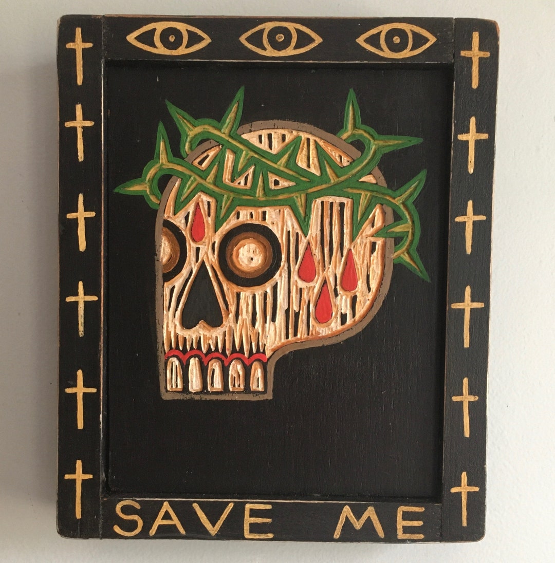 Skull With Thorns Original Carved Wood Wall Art - Skull Art- Religious ...