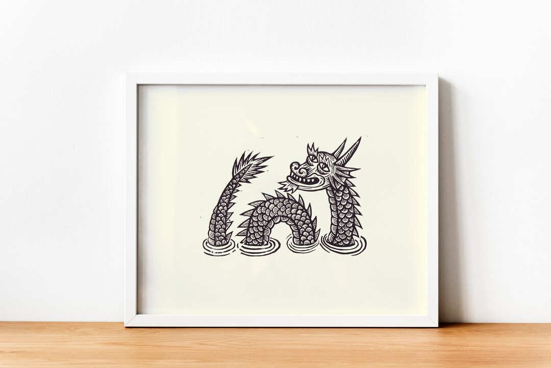 Fantasy Sea Dragon Linocut Print - Medieval Dragon Home Decor - Unique ...