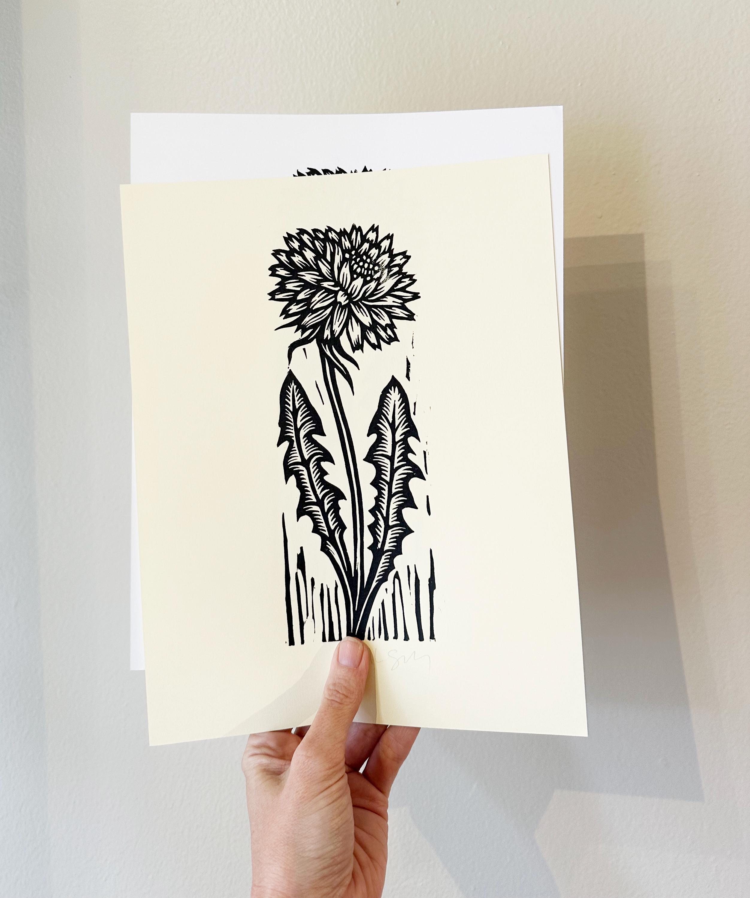 Dandelion Flower Linocut Art Print - Black and White Art - Flower Art ...
