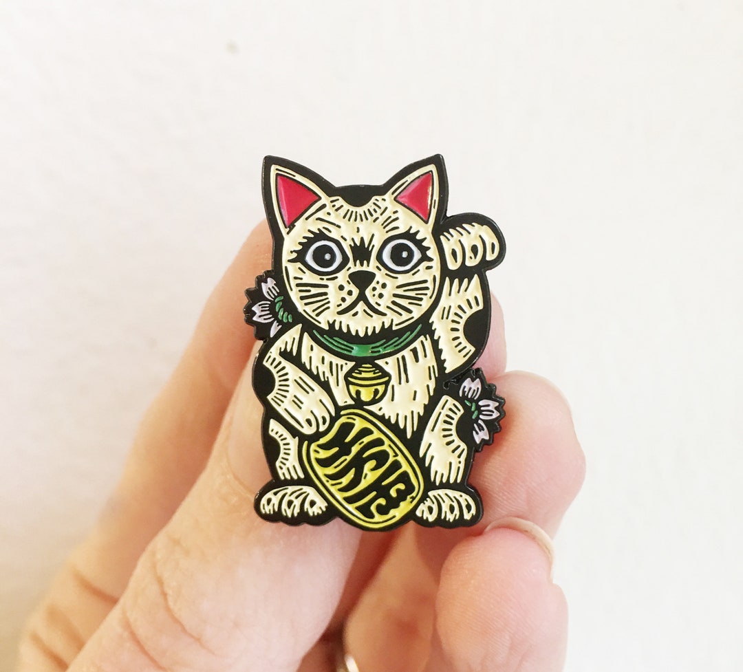Maneki Neko Enamel Pin - Cute Cat Accessory for Jacket or Bag - Small ...