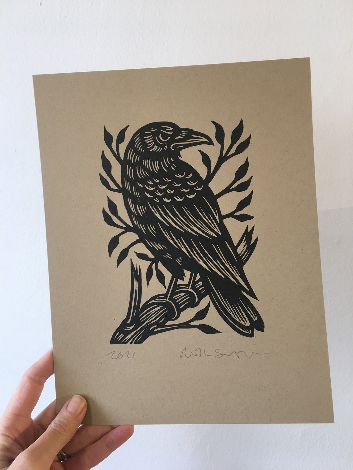 Original Art Linocut Print Crow Raven on Branch 8.5x11 - Etsy