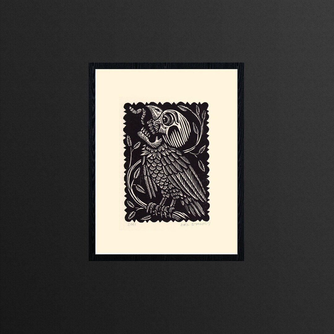 Vulture With Skull Head Eating Worm - Linocut 8.5x11 Print for Weird ...