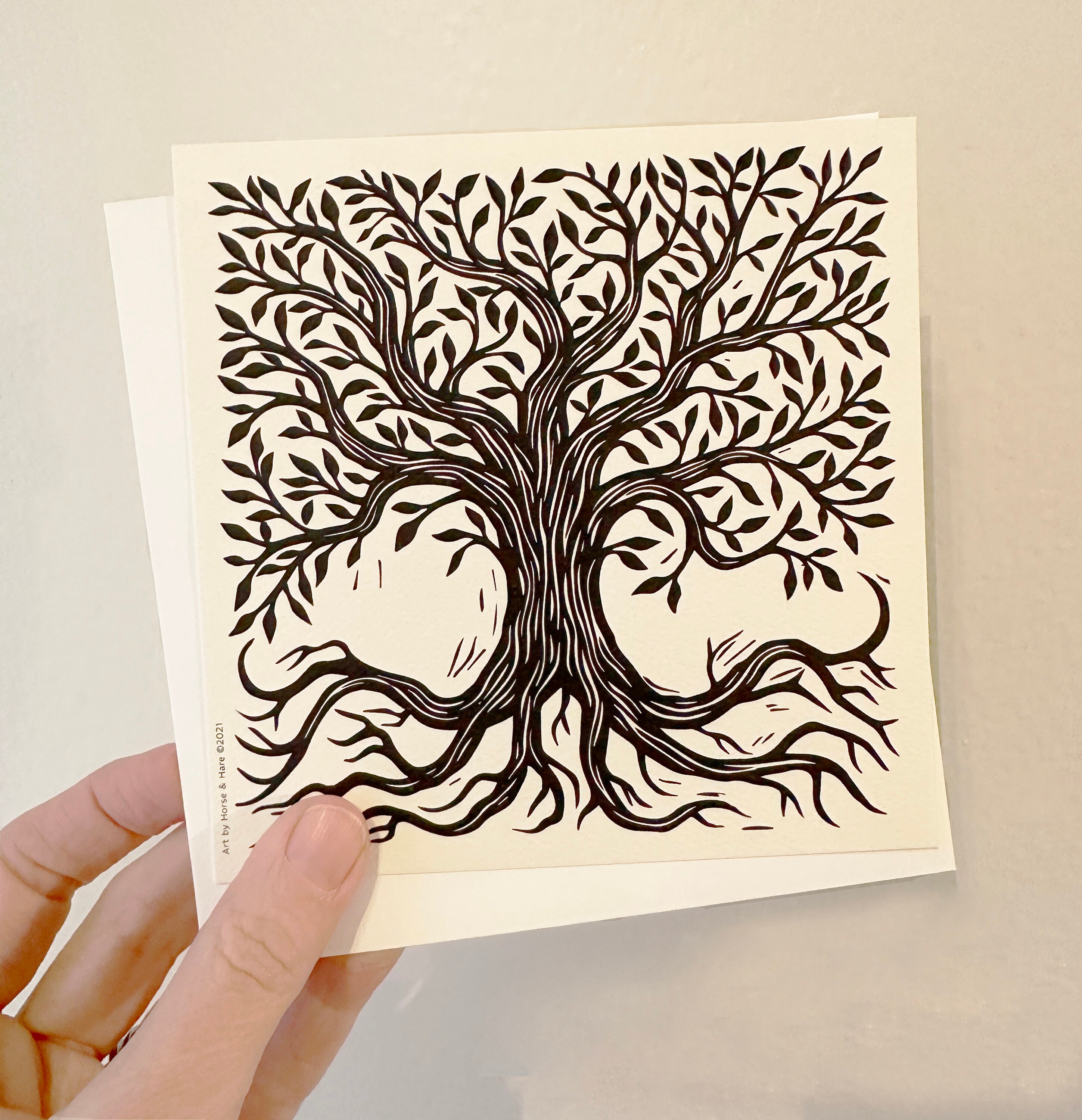 Ornate Tree With Roots Square Mini Print - Square Card - Tree Art ...