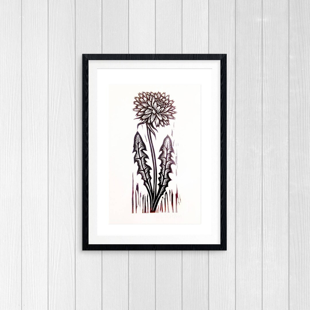 Dandelion Flower Linocut Art Print Black and White Art Flower Art ...