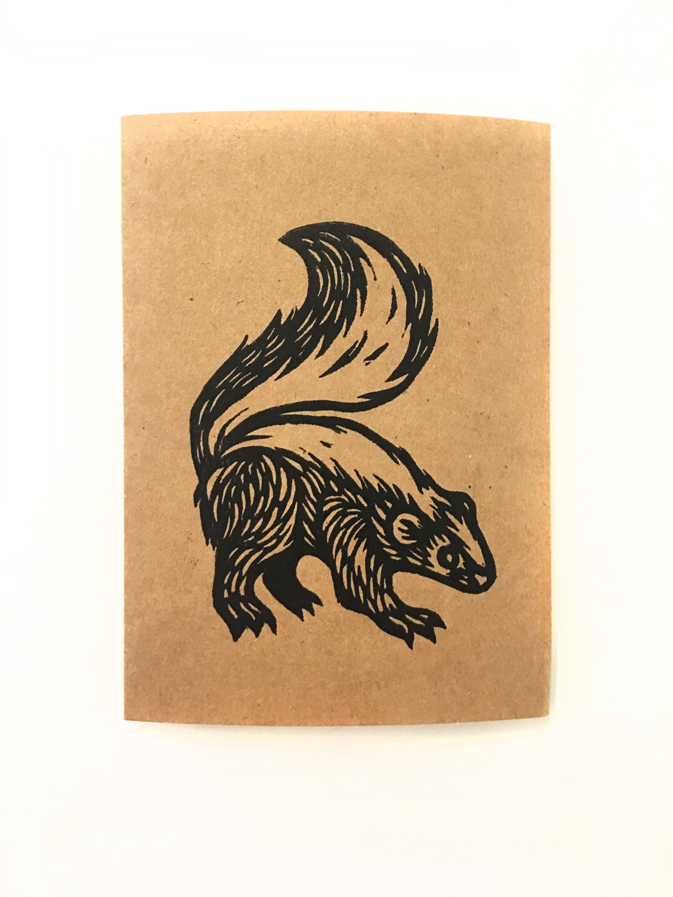 Skunk Linocut Greeting Card - Hand Printed Kraft Paper Card - Animal ...