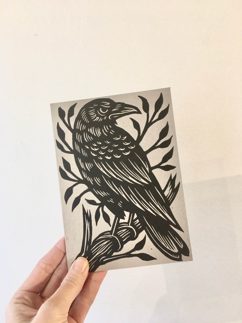 Black Raven Hand Printed 5x7 Letterpress Linocut Postcards - Etsy