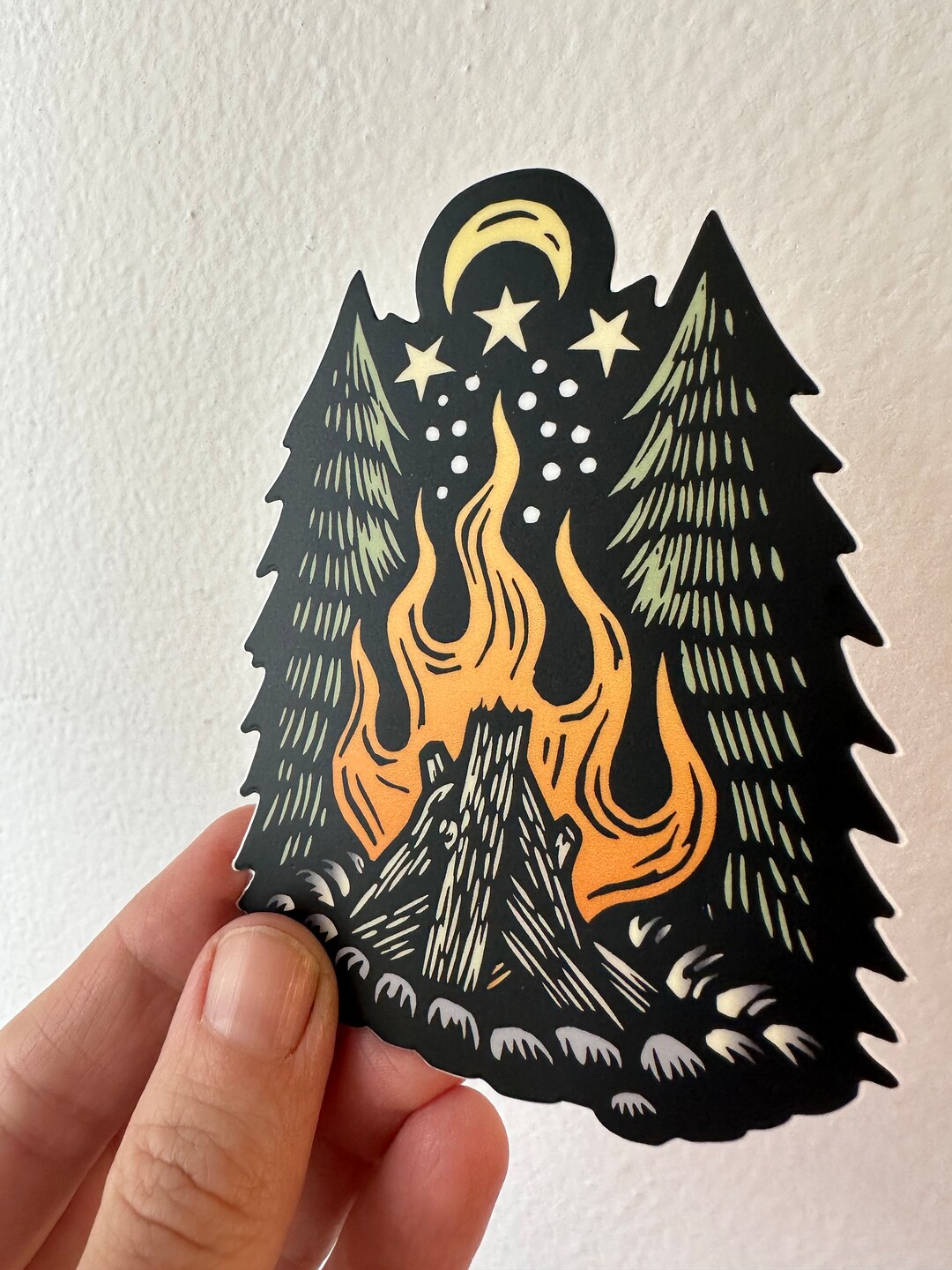 Campfire in the Woods With Moon and Stars Waterproof Vinyl Sticker ...
