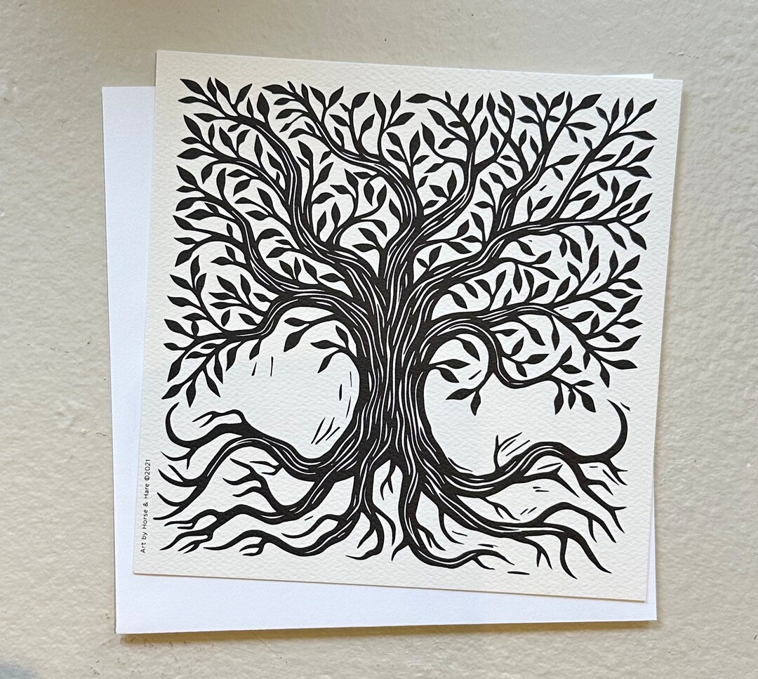 Ornate Tree With Roots Square Mini Print - Square Card - Tree Art ...