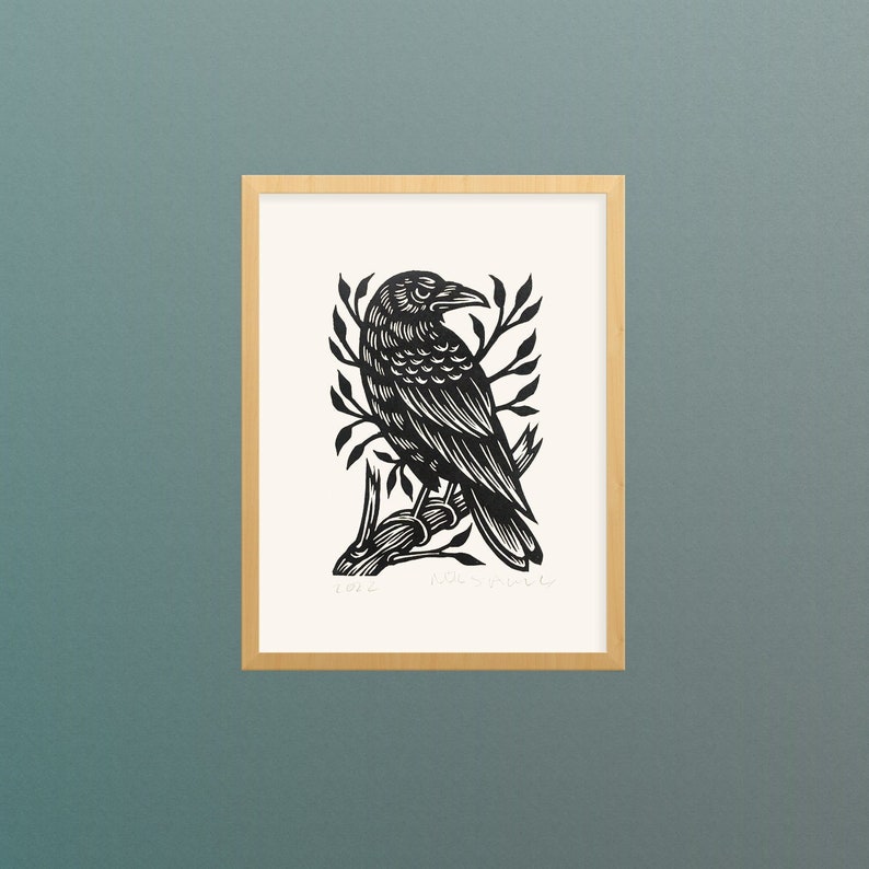 Original Art Linocut Print Crow, Raven on Branch 8.5x11 Linocut Art ...