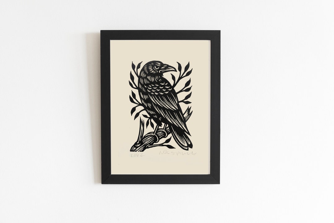 Original Art Linocut Print Crow, Raven on Branch 8.5x11 Linocut Art ...
