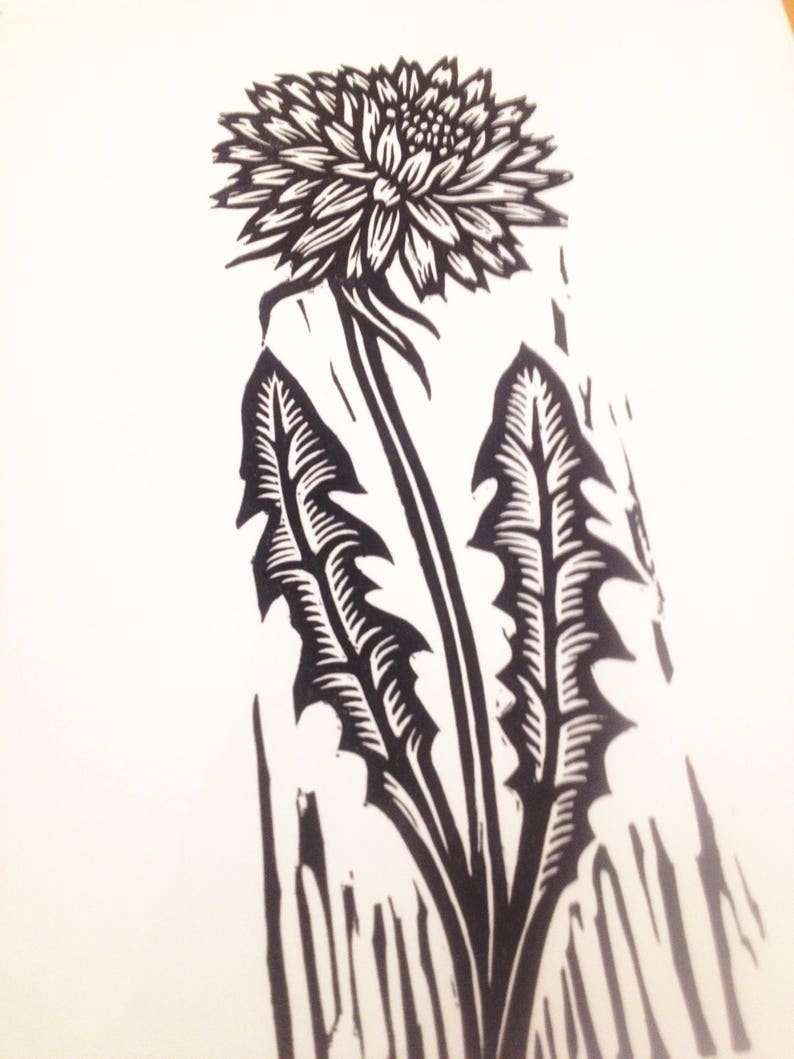 Dandelion Flower Linocut Art Print - Black and White Art - Flower Art ...