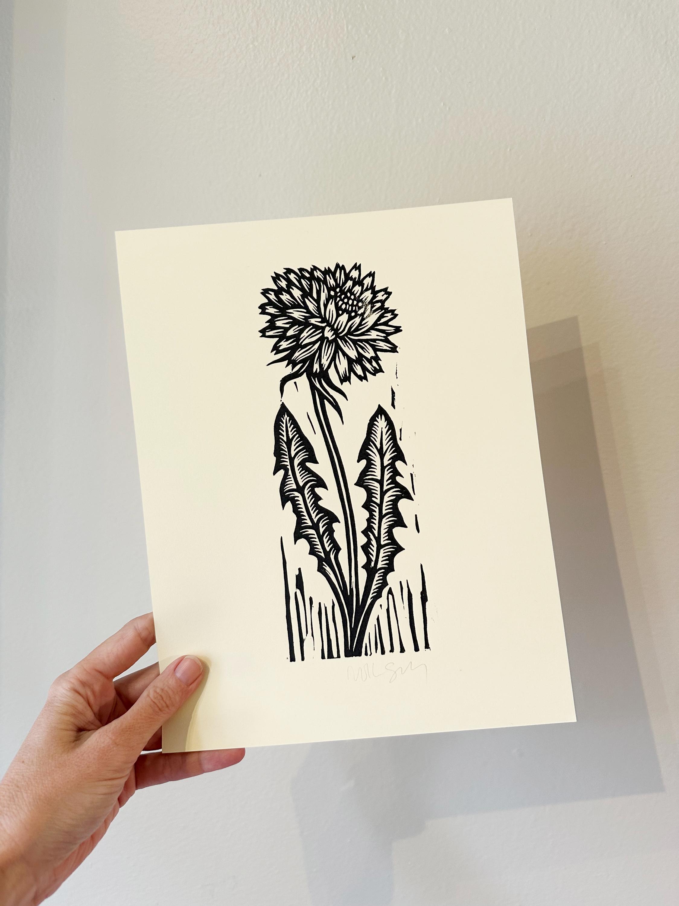 Dandelion Flower Linocut Art Print - Black and White Art - Flower Art ...
