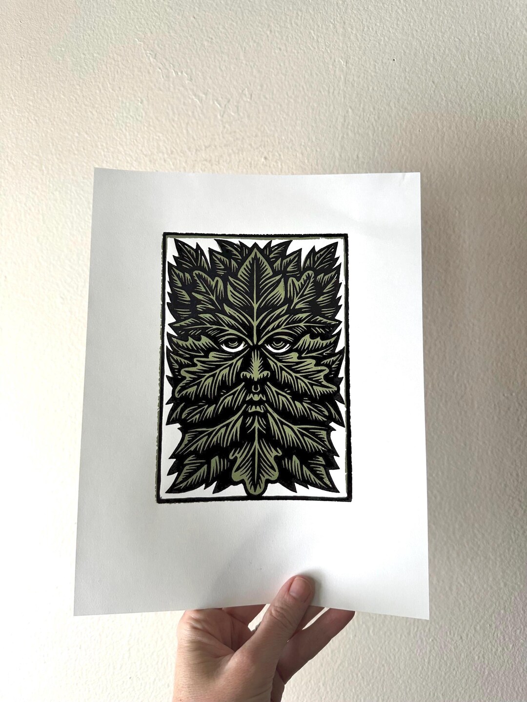 Green Man Linocut 8.5x11 Hand Printed Art Print - Celtic Decor - Nature ...