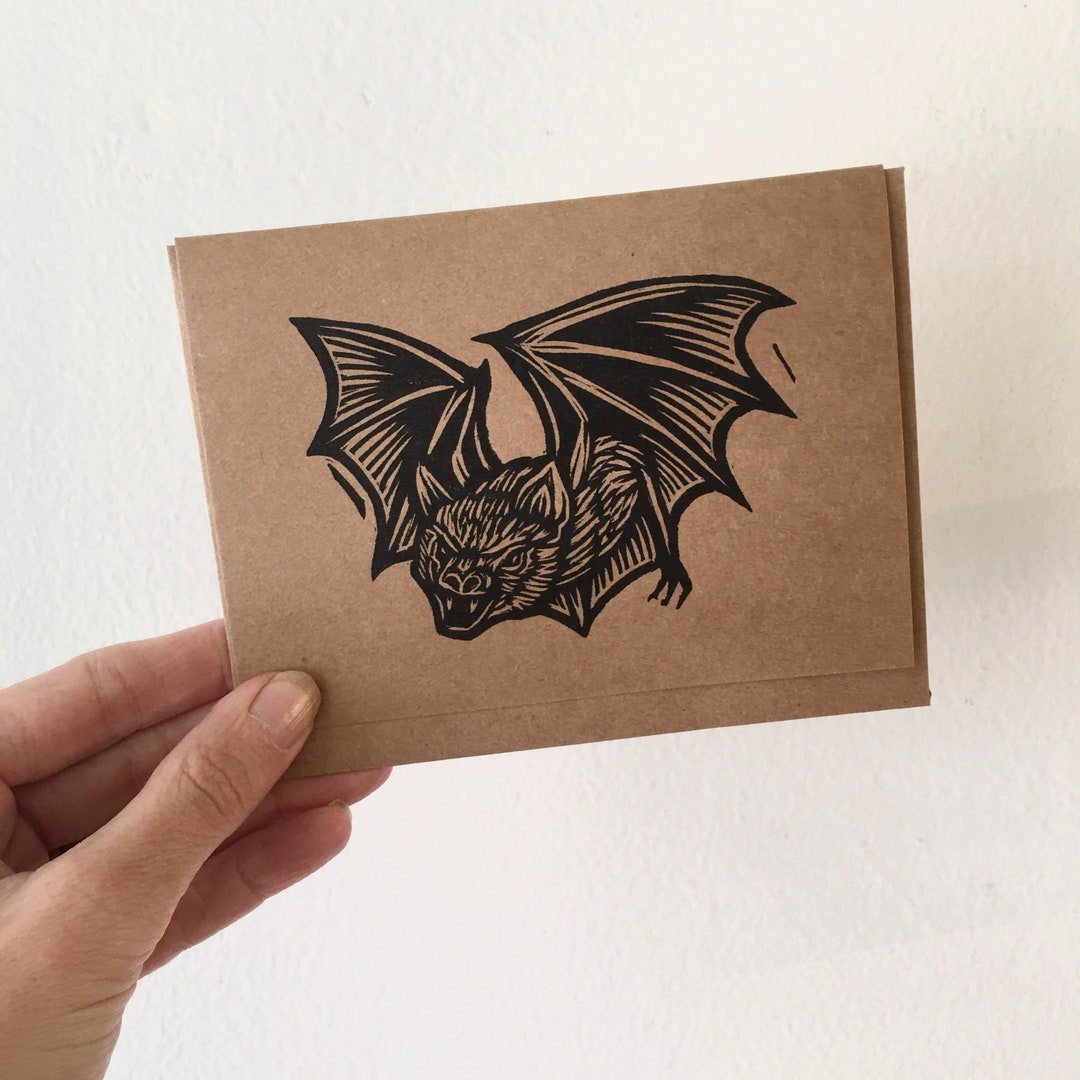 Bat Linocut Greeting Card Hand Printed Kraft Paper Card Animal Notecard ...