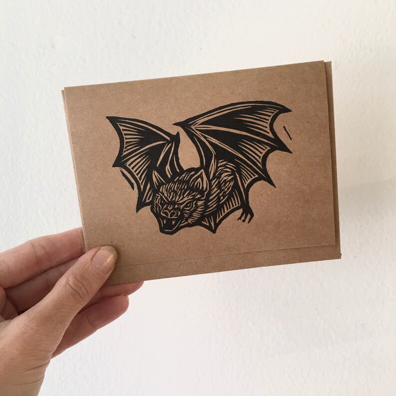 Bat Linocut Greeting Card Hand Printed Kraft Paper Card | Etsy