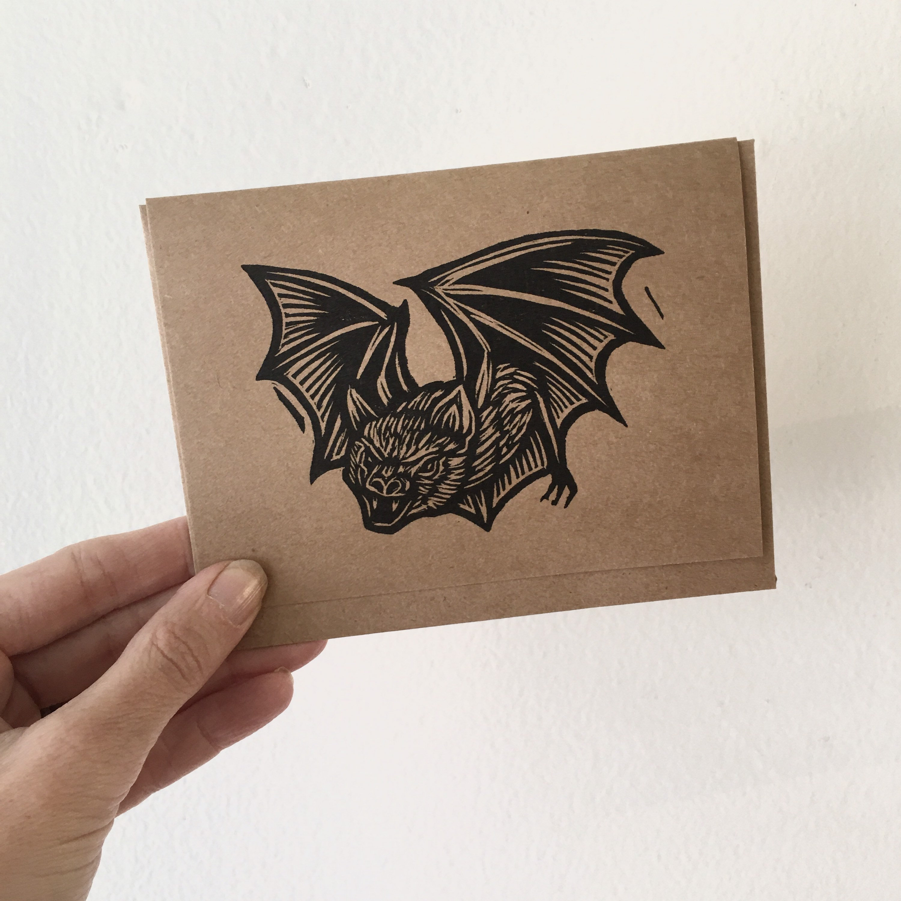 Bat Linocut Greeting Card Hand Printed Kraft Paper Card - Etsy