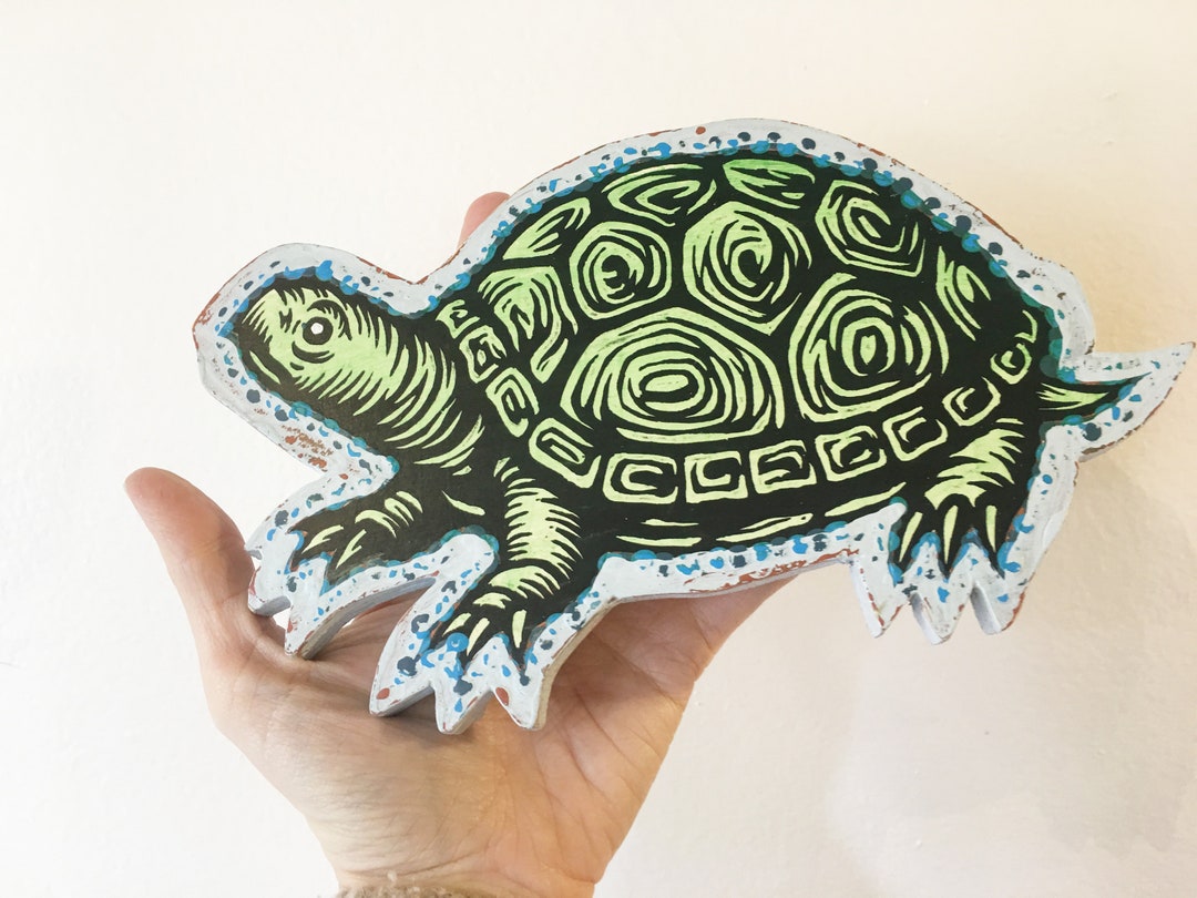 Turtle Art - Linocut Art Print on Wood - Turtle Wall Art - Animal Home ...