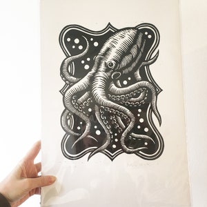 Original Art Octopus Woodcut Print Weird Home Decor Octopus - Etsy