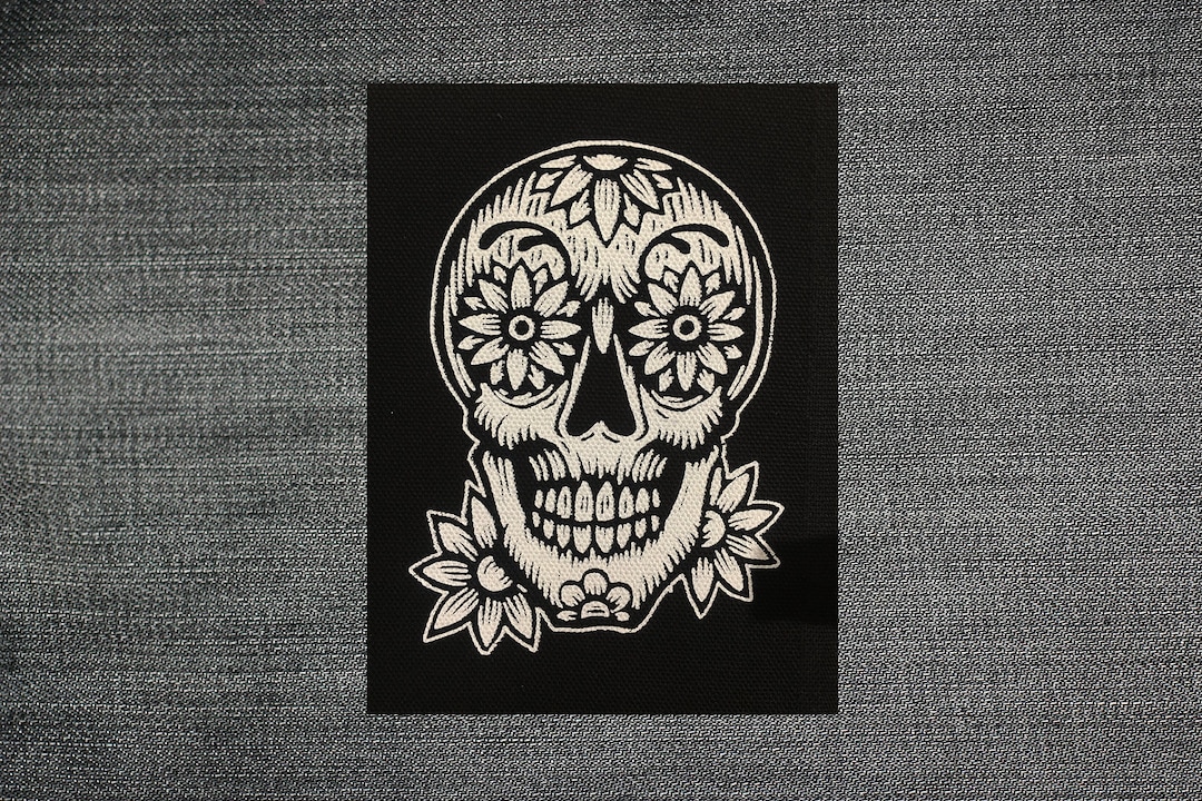 Skull Patch - Punk Patches - Skull With Flowers Day of the Dead - Black ...