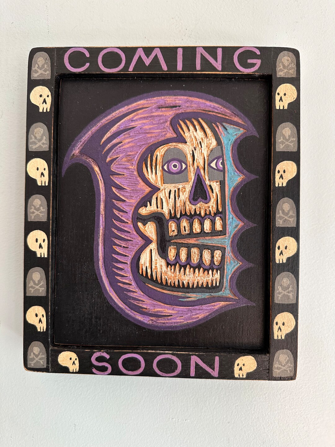 Grim Reaper Skull Wood Wall Art - Unique Goth Decor - Carved Low Brow ...