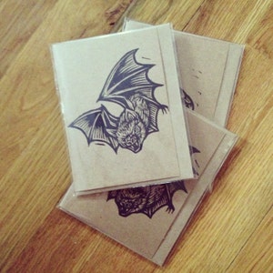 Bat Linocut Greeting Card Hand Printed Kraft Paper Card Animal Notecard ...